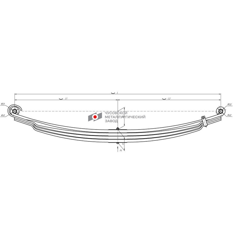 Рессора КАМАЗ-6580 передняя (4 листа) прогиб Ho=160мм втулка ушка d1/d2 ...